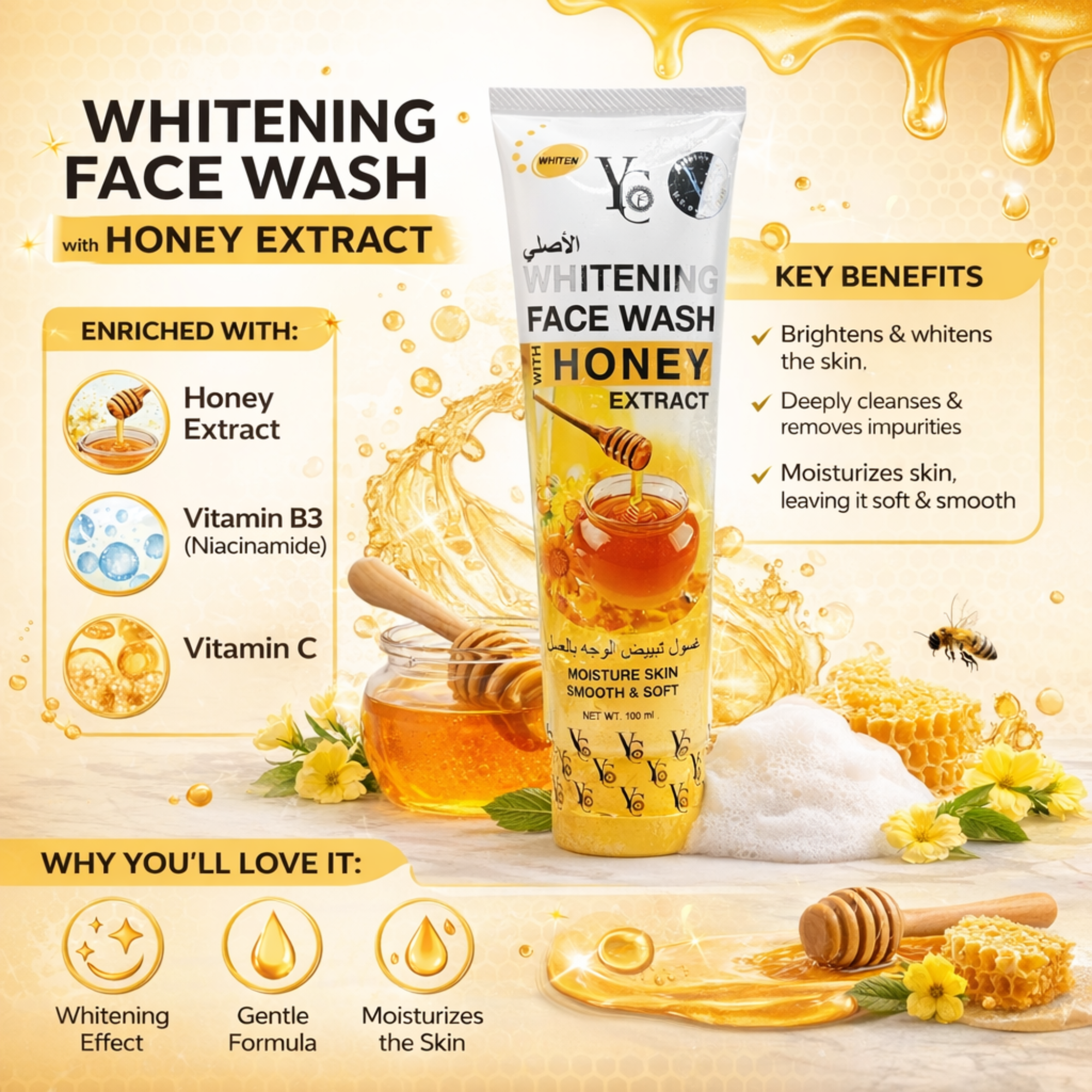 YC Whitening Face Wash with Honey Extract, Moisturizing Cleanser for ...